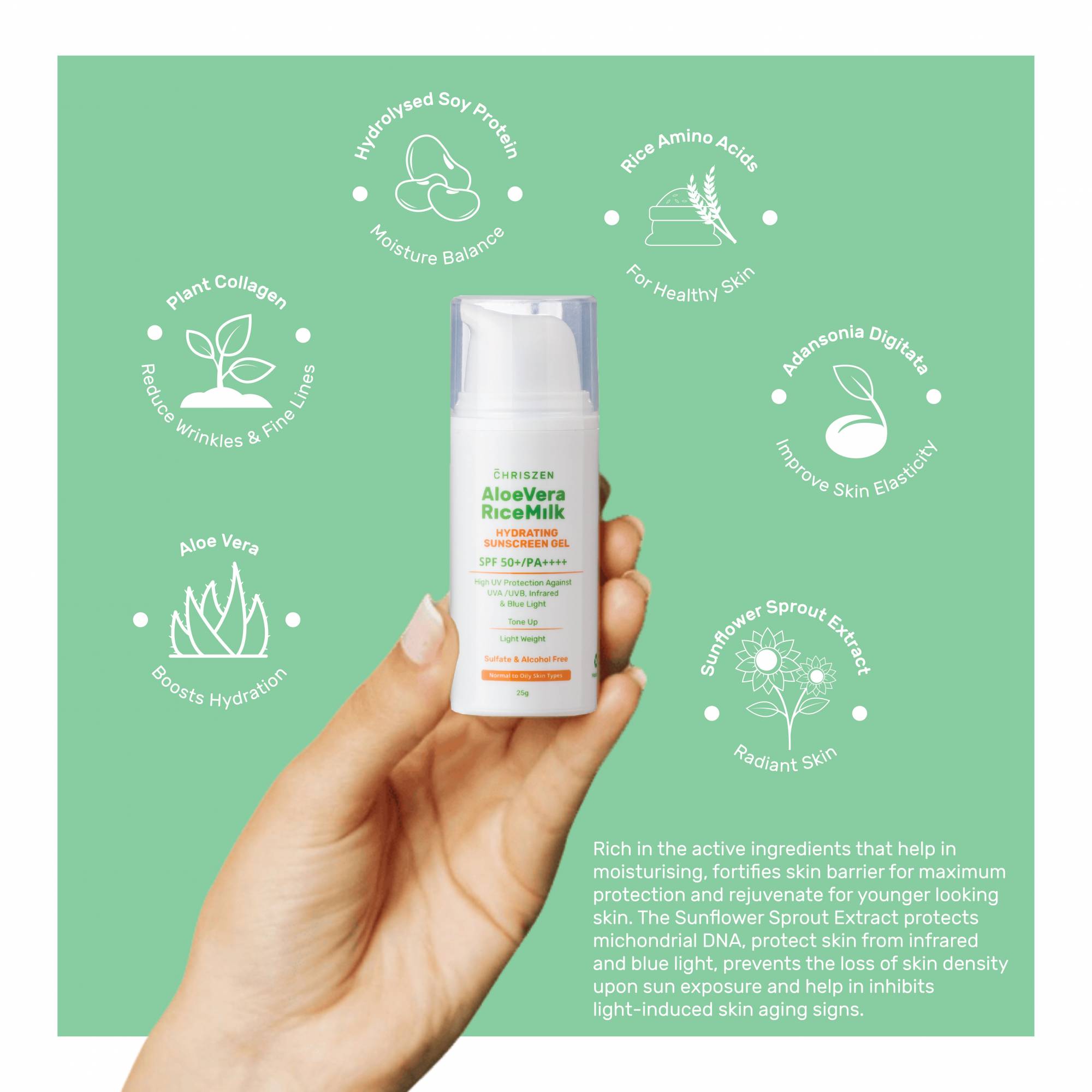 Chriszen Aloe Vera Rice Milk Hydrating Sunscreen Gel SPF 50+/PA